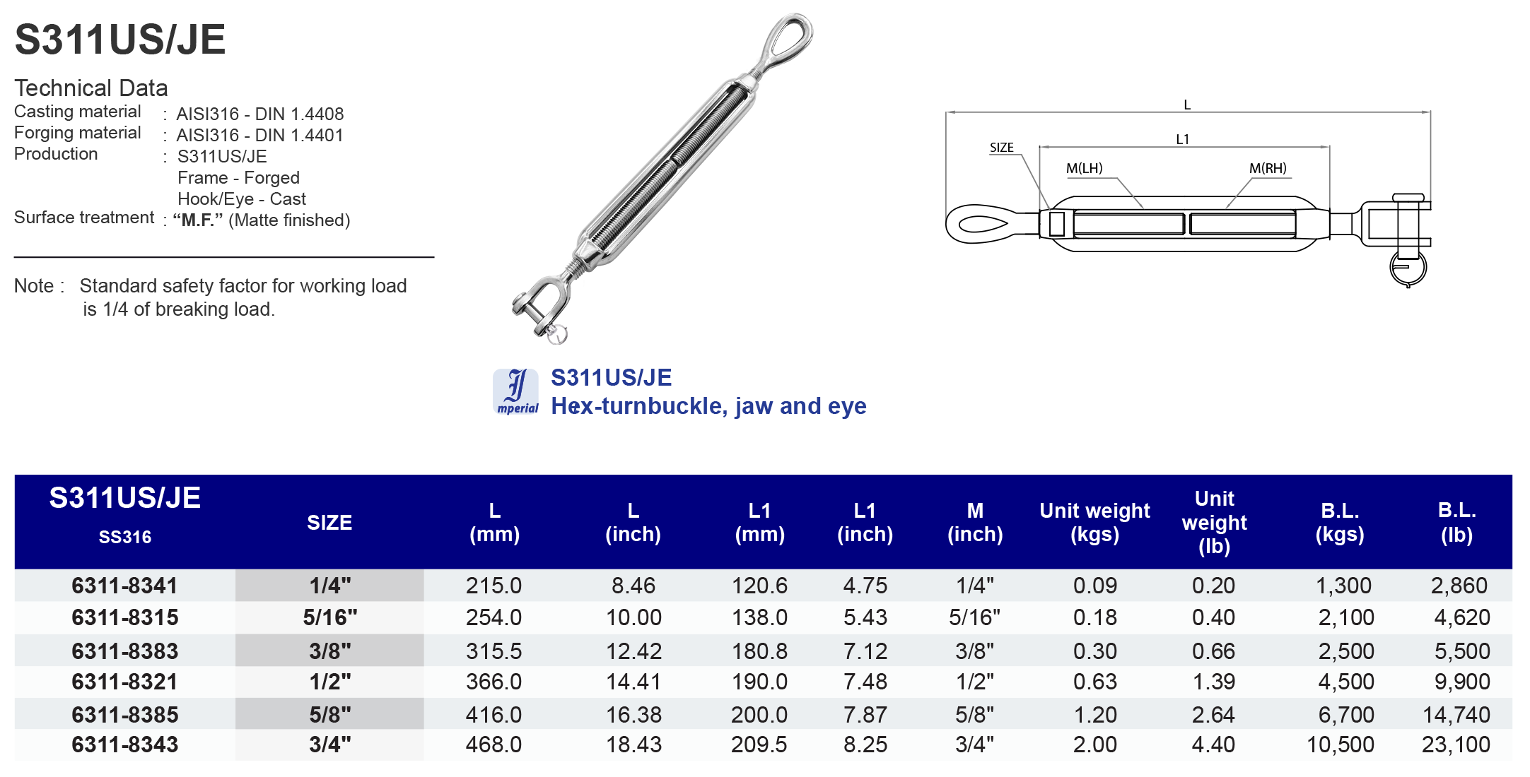 S311US/JE Hex turnbuckle, jaw and eye - 316